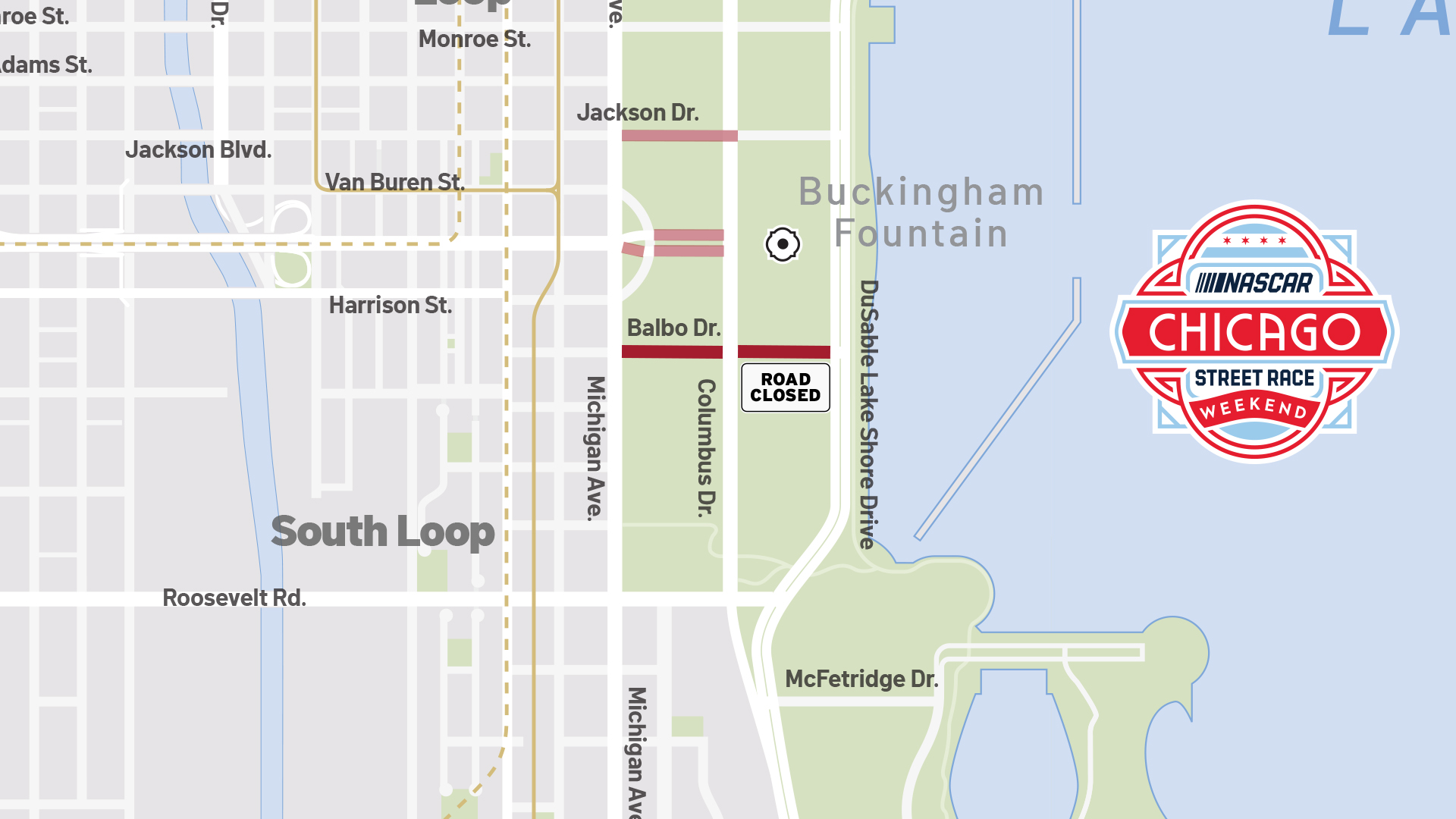Map: 2023 NASCAR Chicago Street Race road closures by day, from Lake ...