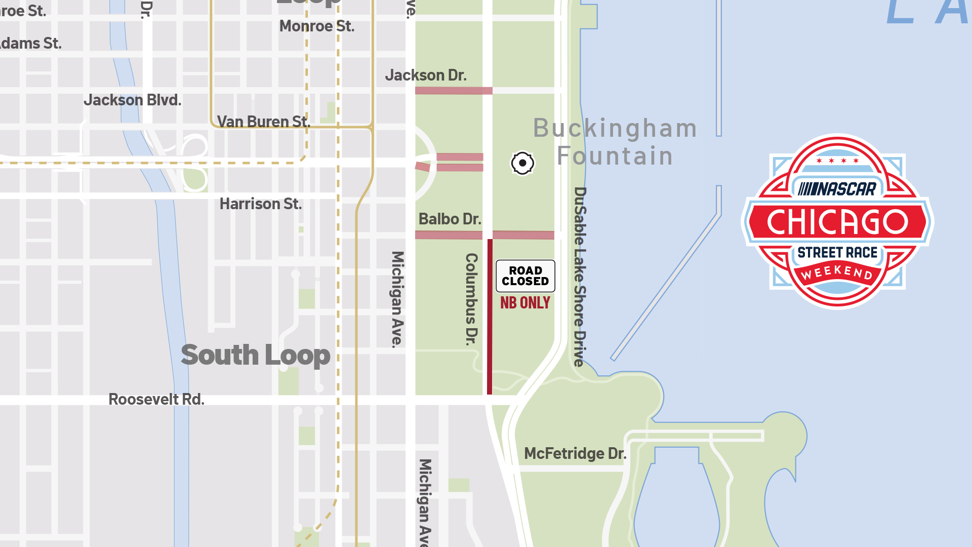 Map: 2023 NASCAR Chicago Street Race road closures by day, from Lake ...