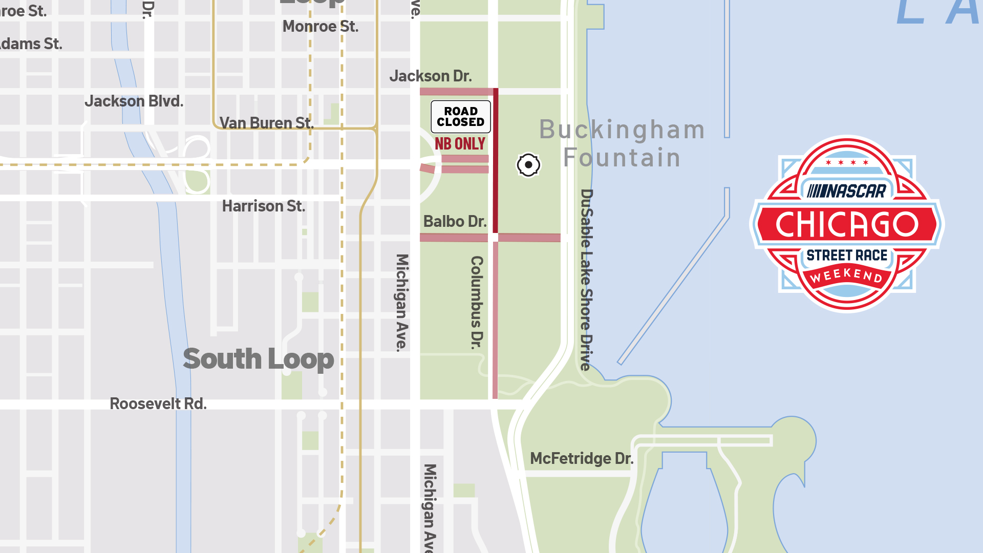 Map: 2023 NASCAR Chicago Street Race road closures by day, from Lake ...