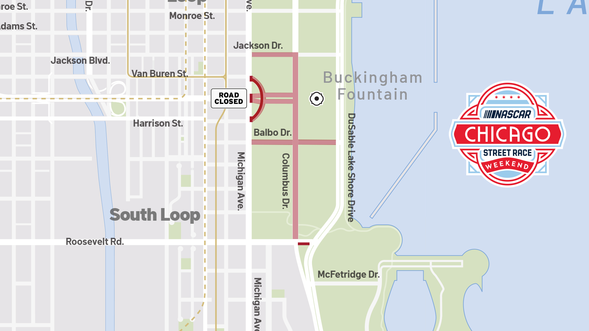 Map: 2023 NASCAR Chicago Street Race road closures by day, from Lake ...