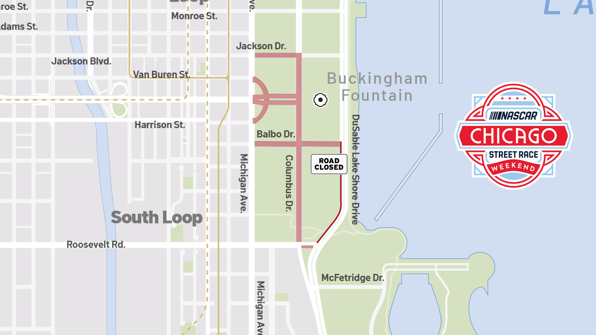 Map: 2023 NASCAR Chicago Street Race road closures by day, from Lake ...