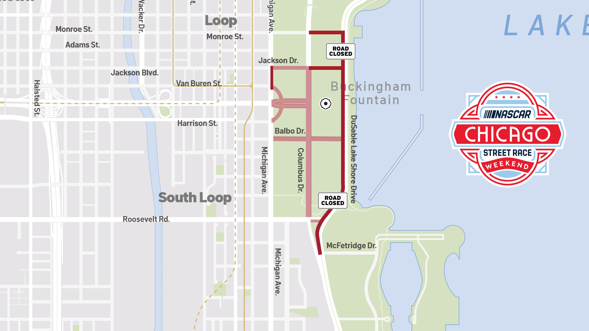 Map: 2023 NASCAR Chicago Street Race road closures by day, from Lake ...