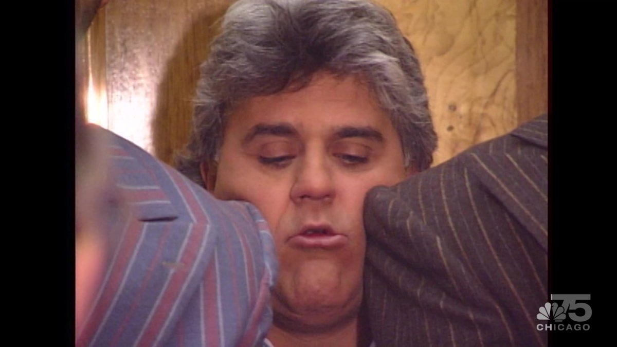 1996: Jay Leno visits Chicago NBC Tower to tape comedy skits Rosemont ...