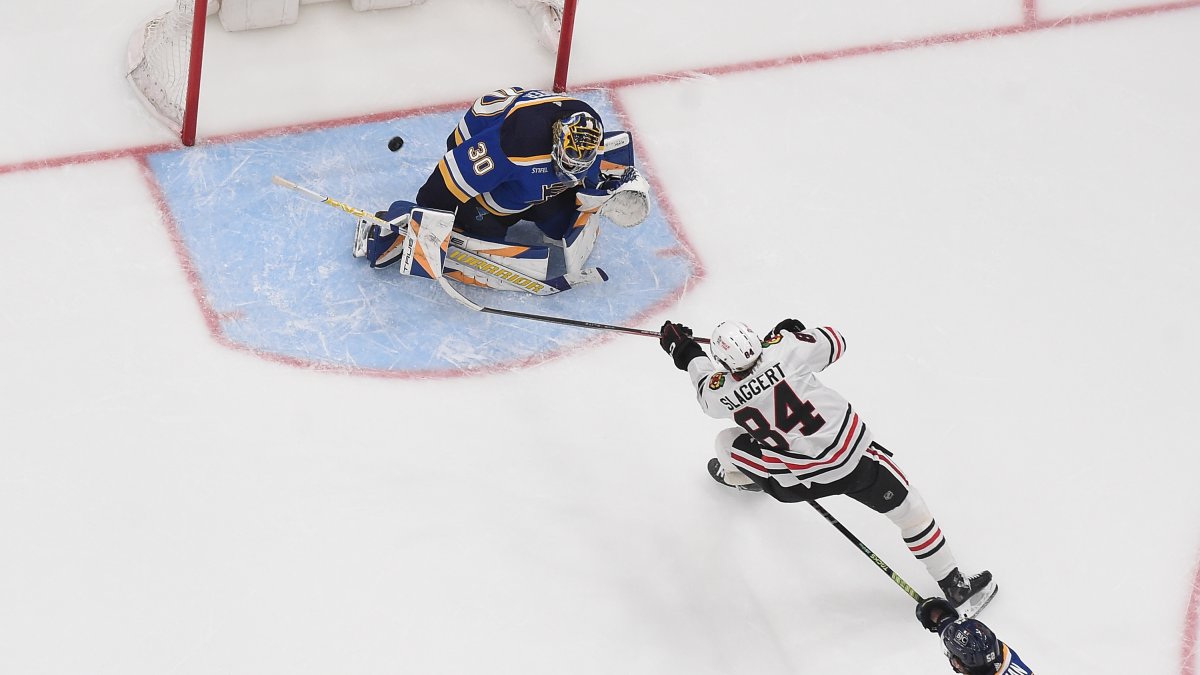 Blackhawks’ Landon Slaggert officially scores first career NHL goal ...