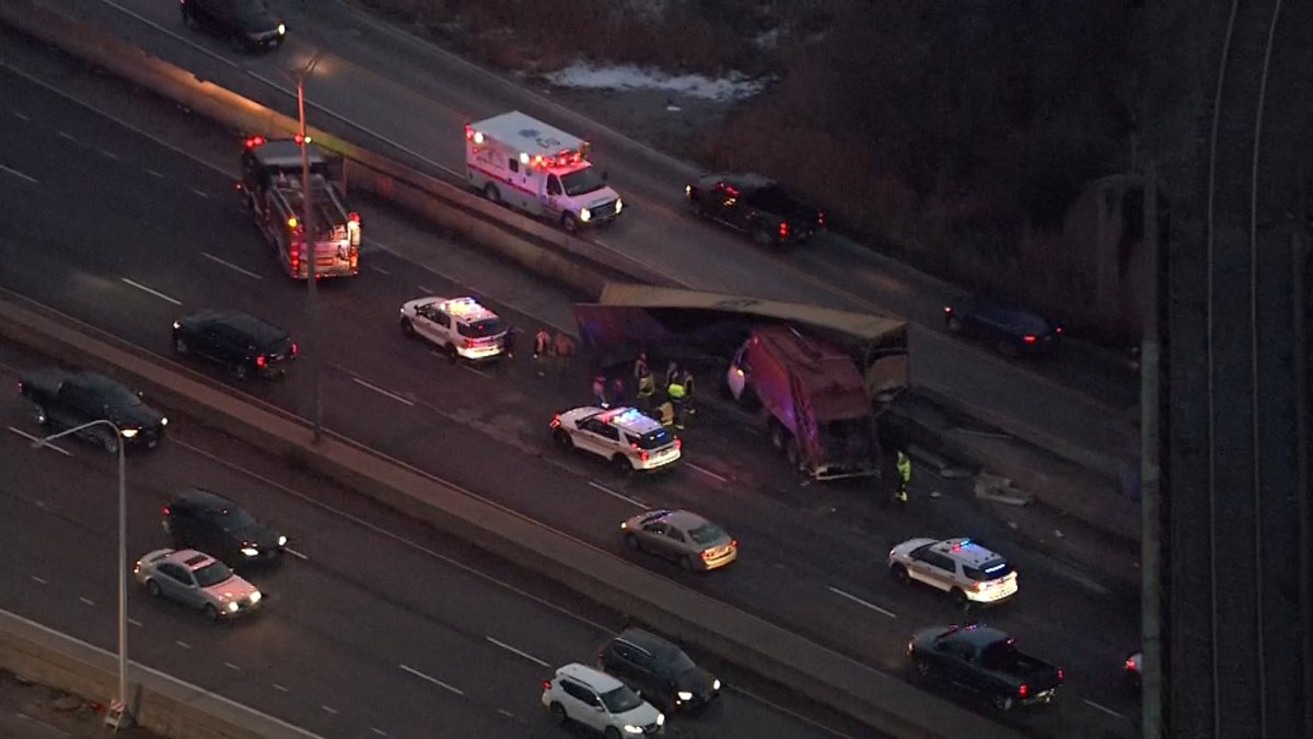Garbage truck crash closes lanes on outbound Bishop Ford – NBC Chicago